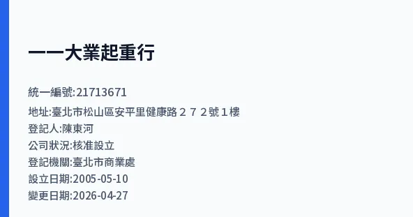 一一大業起重行的照片-統編 21713671(臺北市) 公司登記資料與營業項目詳細圖表