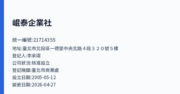 崐泰企業社的照片-統編 21714355(臺北市) 公司登記資料與營業項目詳細圖表