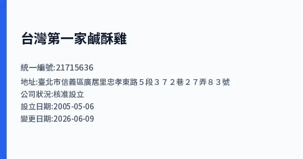 台灣第一家鹹酥雞的照片-統編 21715636(臺北市) 公司登記資料與營業項目詳細圖表
