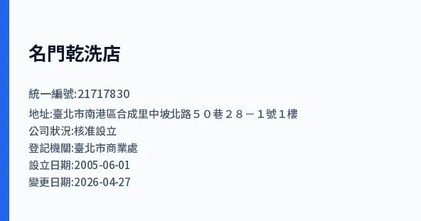 名門乾洗店的照片-統編 21717830(臺北市) 公司登記資料與營業項目詳細圖表