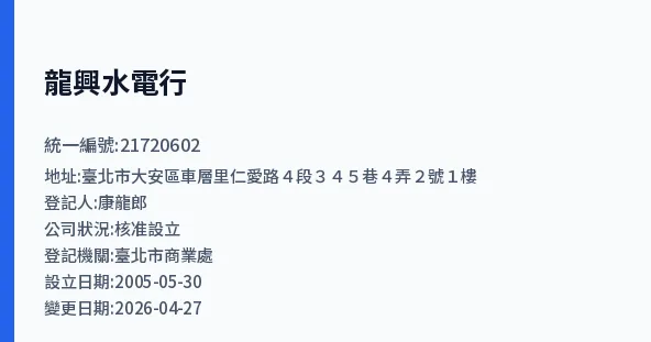 龍興水電行的照片-統編 21720602(臺北市) 公司登記資料與營業項目詳細圖表