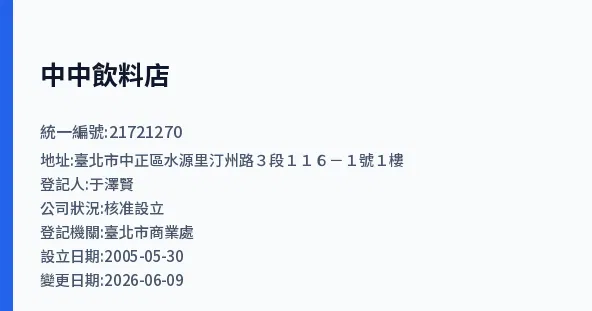 中中飲料店的照片-統編 21721270(臺北市) 公司登記資料與營業項目詳細圖表