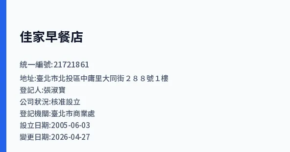佳家早餐店的照片-統編 21721861(臺北市) 公司登記資料與營業項目詳細圖表