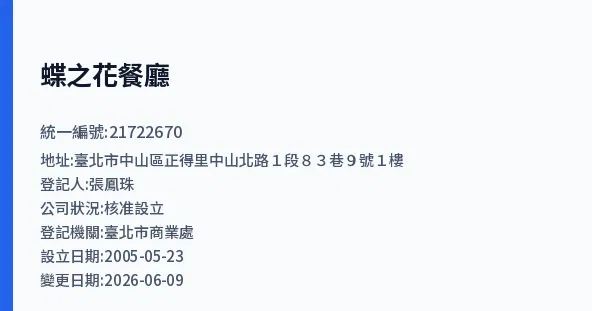 蝶之花餐廳的照片-統編 21722670(臺北市) 公司登記資料與營業項目詳細圖表