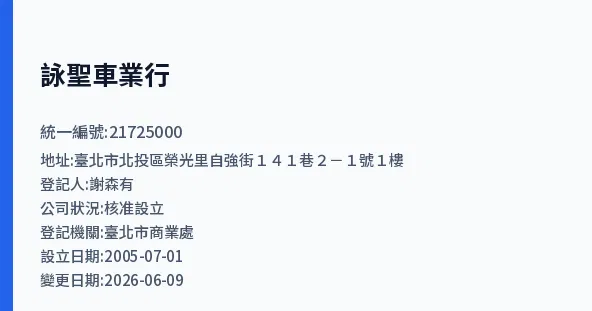 詠聖車業行的照片-統編 21725000(臺北市) 公司登記資料與營業項目詳細圖表