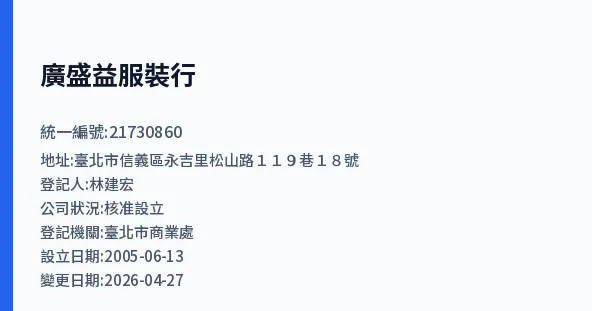 廣盛益服裝行的照片-統編 21730860(臺北市) 公司登記資料與營業項目詳細圖表