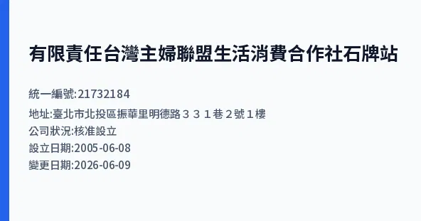 有限責任台灣主婦聯盟生活消費合作社石牌站的照片-統編 21732184(臺北市) 公司登記資料與營業項目詳細圖表