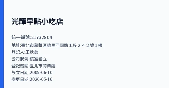 光輝早點小吃店的照片-統編 21732804(臺北市) 公司登記資料與營業項目詳細圖表