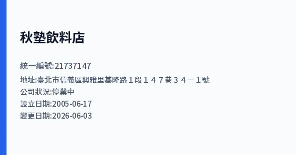 秋塾飲料店的照片-統編 21737147(臺北市) 公司登記資料與營業項目詳細圖表