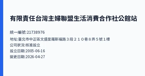 有限責任台灣主婦聯盟生活消費合作社公館站的照片-統編 21738976(臺北市) 公司登記資料與營業項目詳細圖表