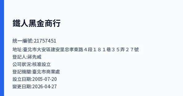 鐵人黑金商行的照片-統編 21757451(臺北市) 公司登記資料與營業項目詳細圖表