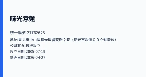 晴光意麵的照片-統編 21762623(臺北市) 公司登記資料與營業項目詳細圖表