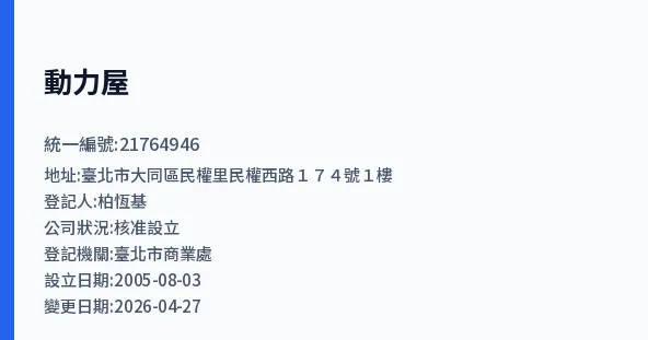 動力屋的照片-統編 21764946(臺北市) 公司登記資料與營業項目詳細圖表
