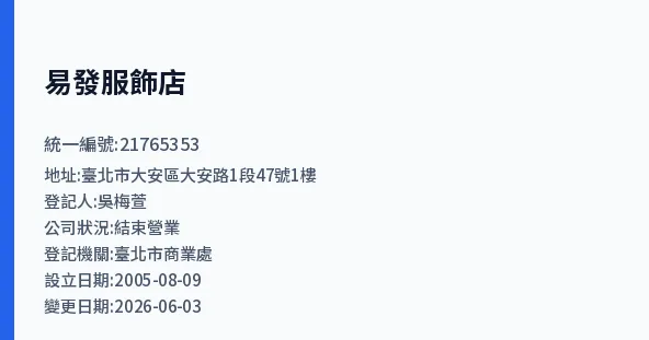 易發服飾店的照片-統編 21765353(臺北市) 公司登記資料與營業項目詳細圖表