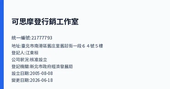 可思摩登行銷工作室的照片-統編 21777793(臺北市) 公司登記資料與營業項目詳細圖表
