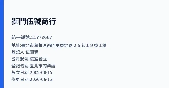 獅鬥伍號商行的照片-統編 21778667(臺北市) 公司登記資料與營業項目詳細圖表