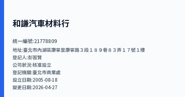 和謙汽車材料行的照片-統編 21778809(臺北市) 公司登記資料與營業項目詳細圖表