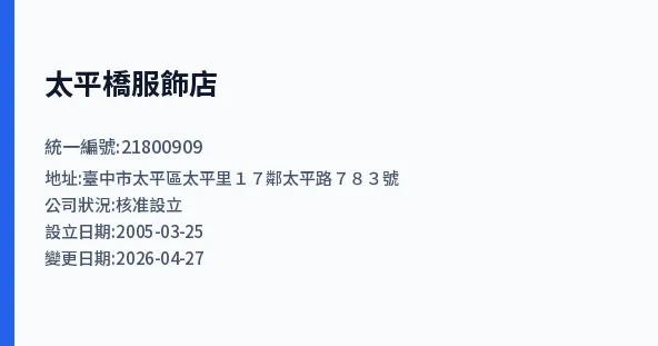 太平橋服飾店的照片-統編 21800909(臺中市) 公司登記資料與營業項目詳細圖表