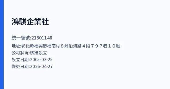 鴻騏企業社的照片-統編 21801148(彰化縣) 公司登記資料與營業項目詳細圖表