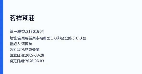 茗祥茶莊的照片-統編 21801604(苗栗縣) 公司登記資料與營業項目詳細圖表