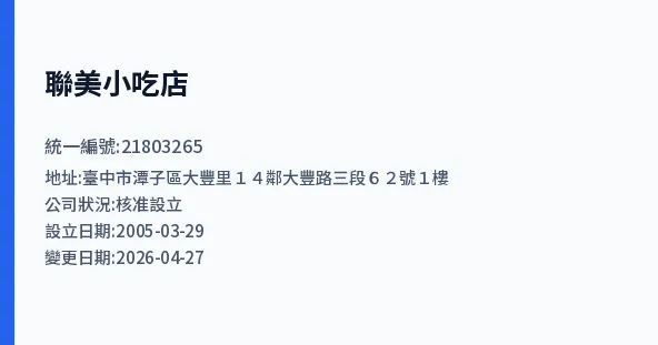 聯美小吃店的照片-統編 21803265(臺中市) 公司登記資料與營業項目詳細圖表