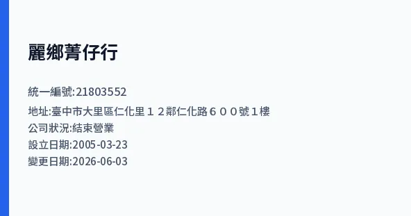 麗鄉菁仔行的照片-統編 21803552(臺中市) 公司登記資料與營業項目詳細圖表
