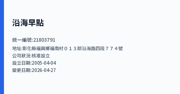 沿海早點的照片-統編 21803791(彰化縣) 公司登記資料與營業項目詳細圖表