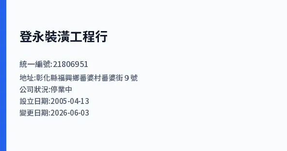 登永裝潢工程行的照片-統編 21806951(彰化縣) 公司登記資料與營業項目詳細圖表