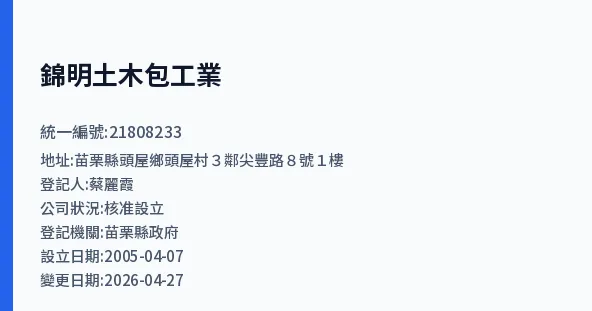 錦明土木包工業的照片-統編 21808233(苗栗縣) 公司登記資料與營業項目詳細圖表