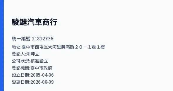 駿鐽汽車商行的照片-統編 21812736(臺中市) 公司登記資料與營業項目詳細圖表