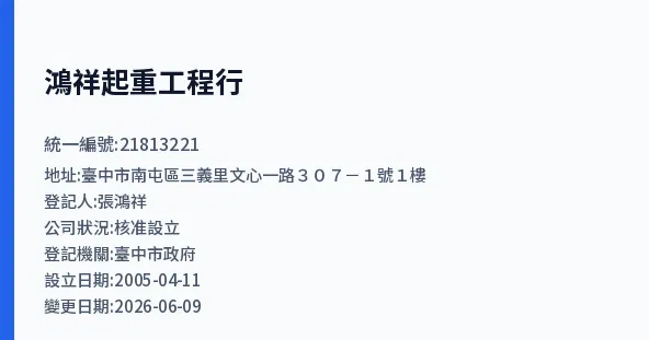 鴻祥起重工程行的照片-統編 21813221(臺中市) 公司登記資料與營業項目詳細圖表
