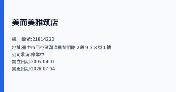 美而美雅筑店的照片-統編 21814220(臺中市) 公司登記資料與營業項目詳細圖表