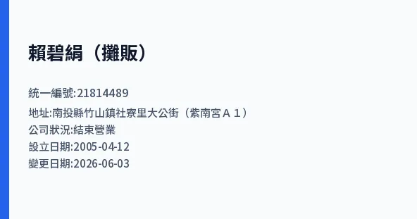 賴碧絹(攤販)的照片-統編 21814489(南投縣) 公司登記資料與營業項目詳細圖表