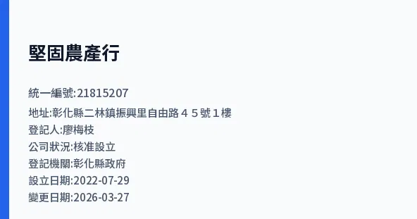 堅固農產行的照片-統編 21815207(彰化縣) 公司登記資料與營業項目詳細圖表