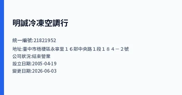 明誠冷凍空調行的照片-統編 21821952(臺中市) 公司登記資料與營業項目詳細圖表