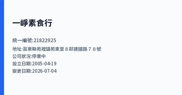 一崢素食行的照片-統編 21822925(苗栗縣) 公司登記資料與營業項目詳細圖表