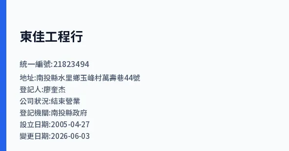 東佳工程行的照片-統編 21823494(南投縣) 公司登記資料與營業項目詳細圖表