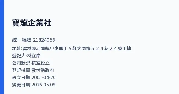 寶龍企業社的照片-統編 21824058(雲林縣) 公司登記資料與營業項目詳細圖表
