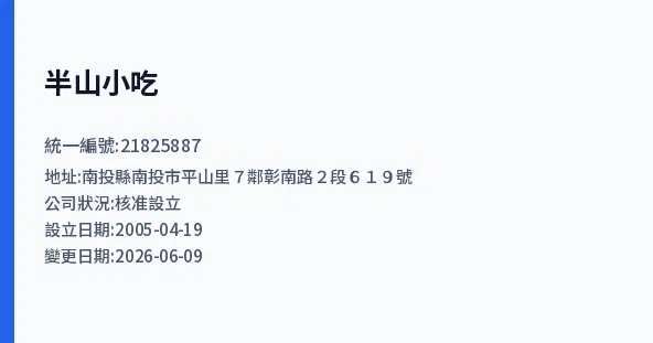 半山小吃的照片-統編 21825887(南投縣) 公司登記資料與營業項目詳細圖表