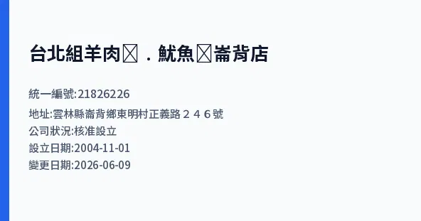 台北組羊肉焿﹒魷魚焿崙背店的照片-統編 21826226(雲林縣) 公司登記資料與營業項目詳細圖表