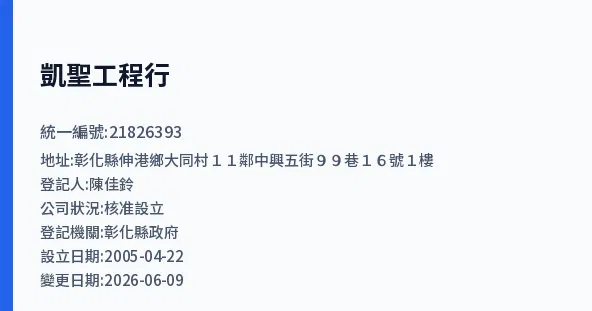 凱聖工程行的照片-統編 21826393(彰化縣) 公司登記資料與營業項目詳細圖表