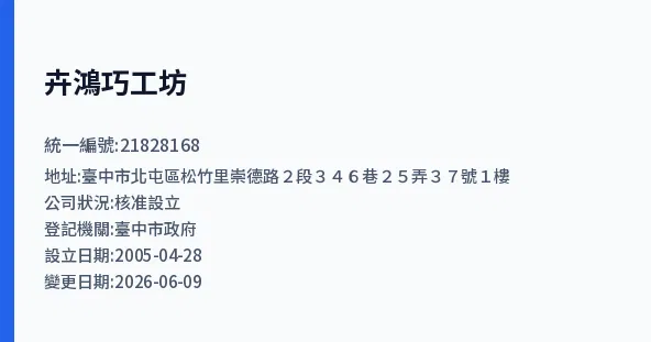 卉鴻巧工坊的照片-統編 21828168(臺中市) 公司登記資料與營業項目詳細圖表