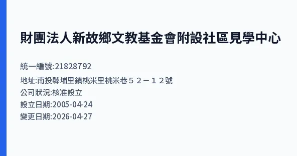 財團法人新故鄉文教基金會附設社區見學中心的照片-統編 21828792(南投縣) 公司登記資料與營業項目詳細圖表