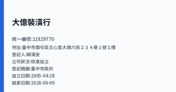 大億裝潢行的照片-統編 21829770(臺中市) 公司登記資料與營業項目詳細圖表