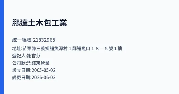 鵬達土木包工業的照片-統編 21832965(苗栗縣) 公司登記資料與營業項目詳細圖表
