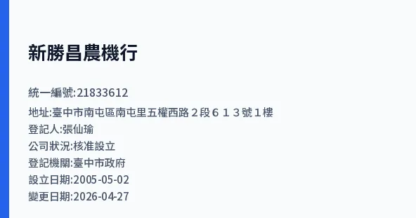 新勝昌農機行的照片-統編 21833612(臺中市) 公司登記資料與營業項目詳細圖表