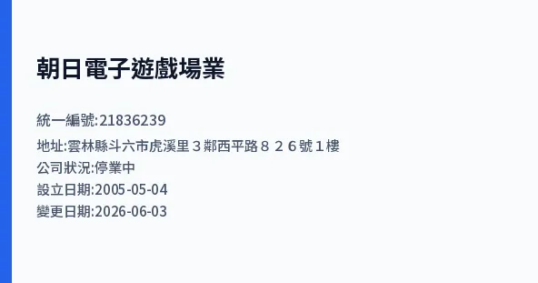 朝日電子遊戲場業的照片-統編 21836239(雲林縣) 公司登記資料與營業項目詳細圖表