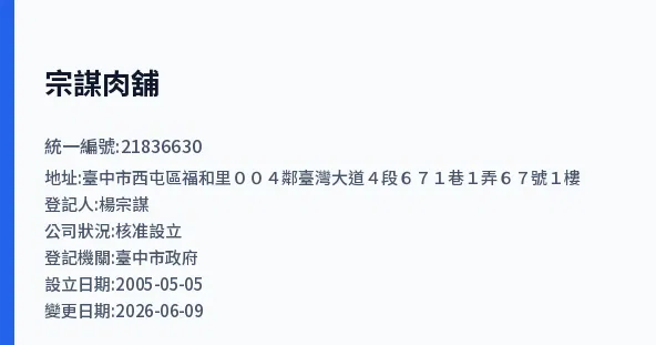 宗謀肉舖的照片-統編 21836630(臺中市) 公司登記資料與營業項目詳細圖表