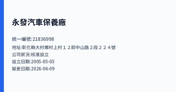 永發汽車保養廠的照片-統編 21836998(彰化縣) 公司登記資料與營業項目詳細圖表
