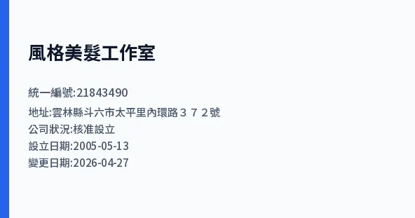 風格美髮工作室的照片-統編 21843490(雲林縣) 公司登記資料與營業項目詳細圖表